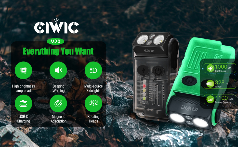 V20 Compact EDC Flashlight, Color COB Lamp, 1000LM Bright Light, with Clip, Magnetic, IP67 ...