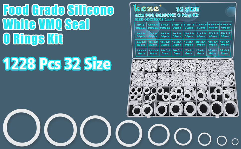 KEZE 1228 Pcs 32 Size Clear Food Grade Silicone O Rings Assortment Kit with Pick and Hook,White ...