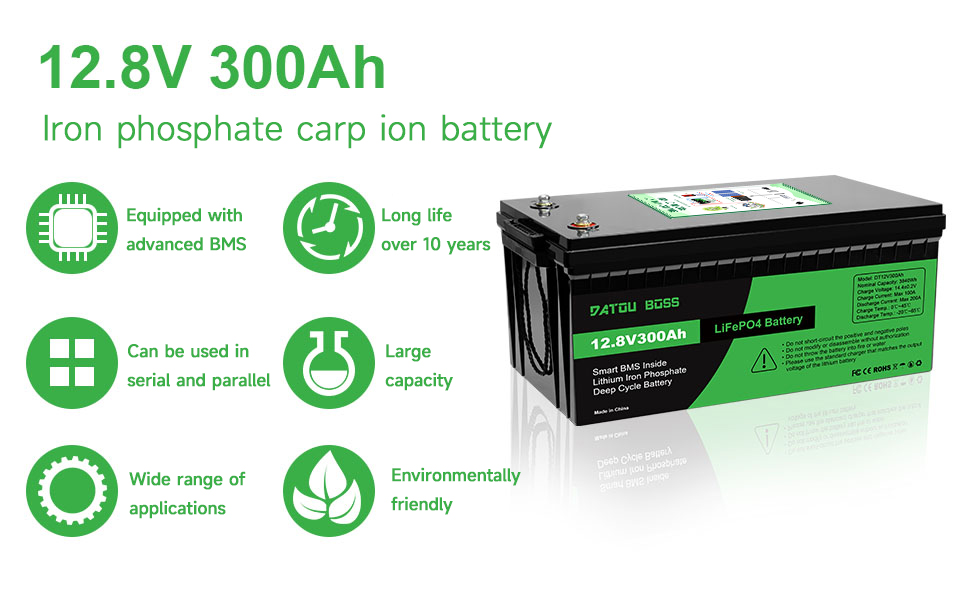 Amazon.com: DATOUBOSS 12V 300Ah LiFePO4 Lithium Battery Built-in 200A BMS, Max 2560W Power ...