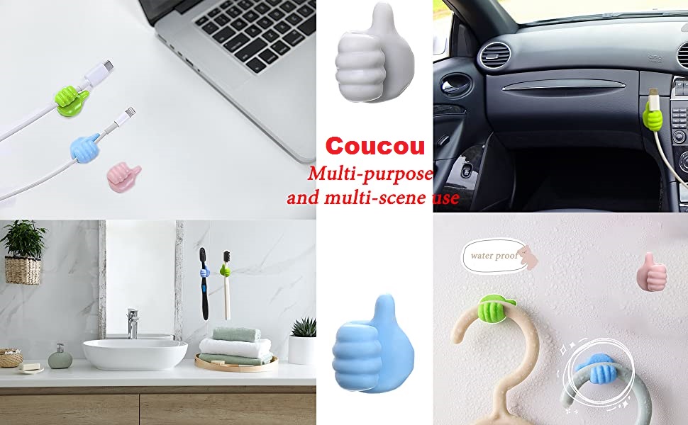 Coucou 6Pcs Creative Silicone Thumb Wall Hook- Multi-Function Car Adhesive Cable Clip Key Hanger ...