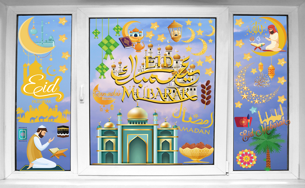 Amazon.de: 9 Blätter Ramadan Fensteraufkleber,Eid Mubarak Fensterbilder,Fensterbild Set Eid ...