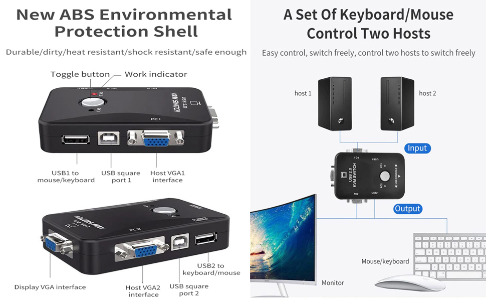 2 Port KVM Switch USB 2.0 KVM Switch Box to Control up to 2 Computers 2 in 1 Out Switch USB ...