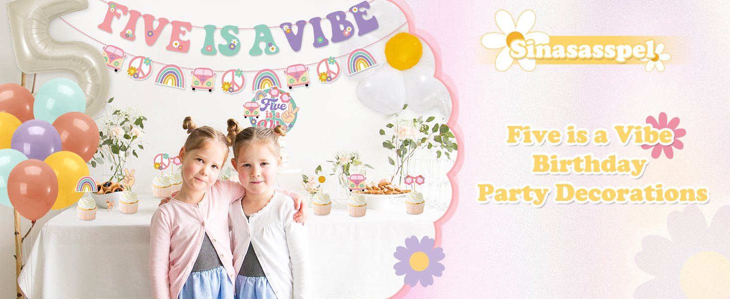 Amazon.com: Sinasasspel Five is a Vibe 5th Birthday Party Decorations Groovy Banner Cake Toppers ...