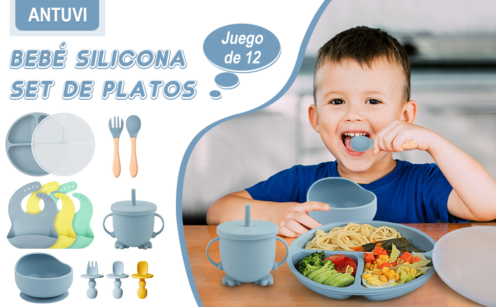 Juego 12 Piezas de Vajillas de Silicona, ANTUVI Set de Platos para Bebe De Alimentación ...