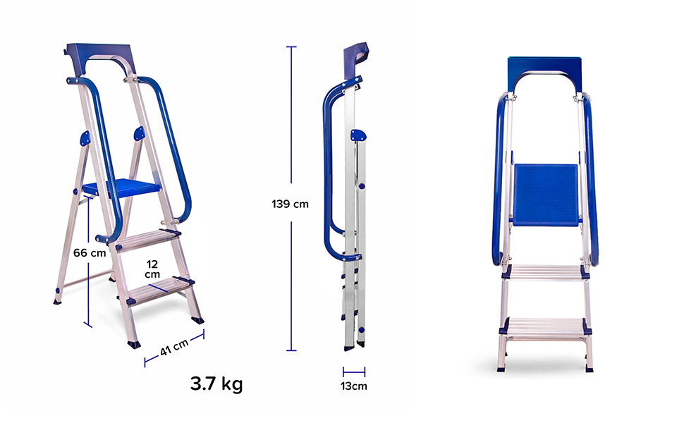 Escabeau 3 marches Secure Pro, Aluminium renforcé, sécurisé avec rampes, Tablette Porte-Outils ...