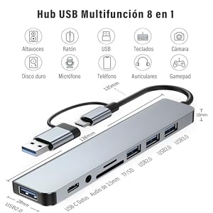 Hub USB C 3.0 8 en1, Adaptador USB a Tipo C Multipuerto con Jack 3.5, 4 Puertos USB 1 Puerto USB ...