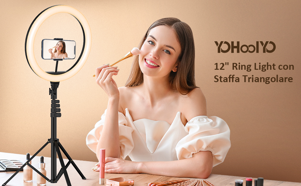 YOHOOLYO Ring Light Professional 12", Luce per Selfie, Staffa Triangolare 64", Luce ad Anello ...