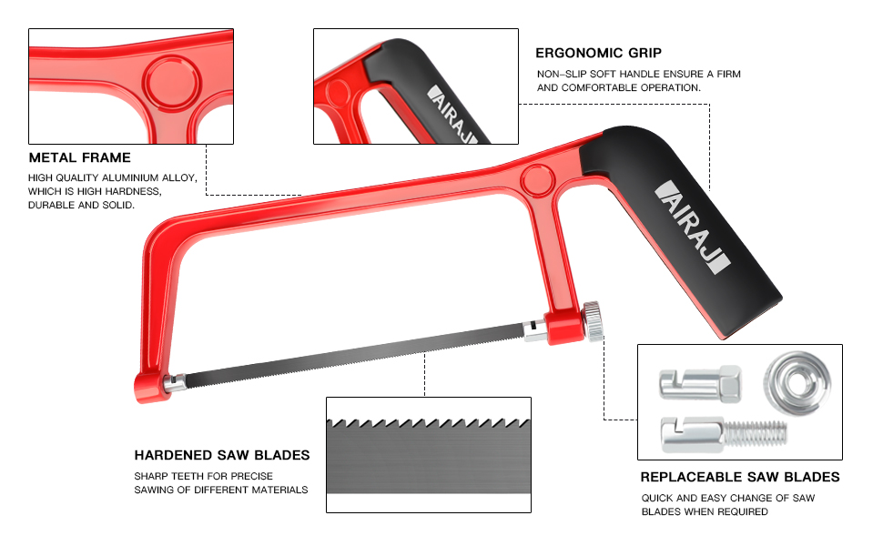 AIRAJ 150mm Hacksaw,Professional Small Hack Saw with 3 Exchangeable Cutting Saw Blades,Carbon ...