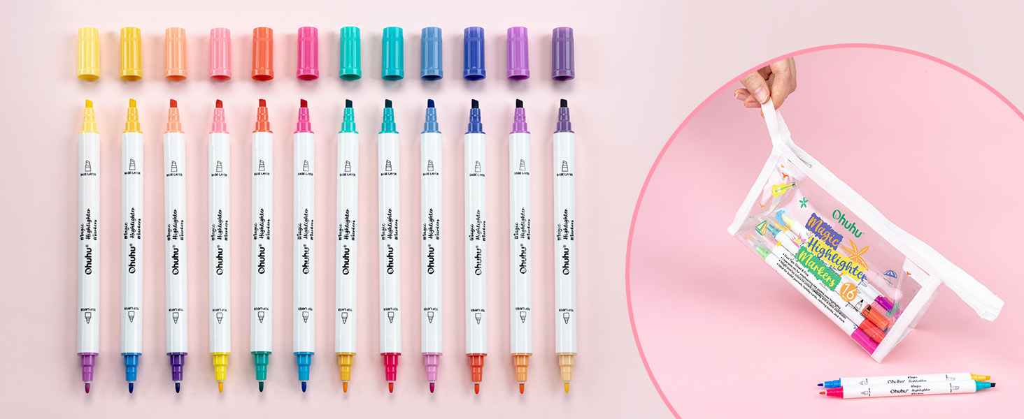 Ohuhu Highlighters Markers :16 Pack 32 Colors Layerable Dual Tips Double Colors Chisel & Fine ...
