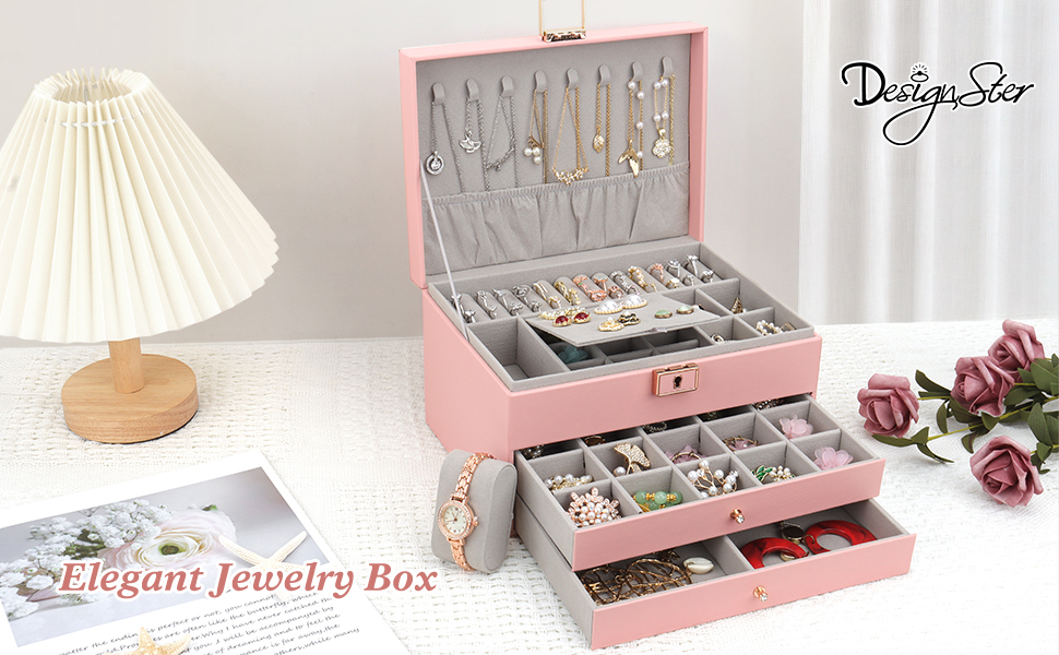 Amazon.com: DesignSter Jewelry Box, Jewelry Organizer with 2 Drawers, 3 Layers Leather Jewelry ...