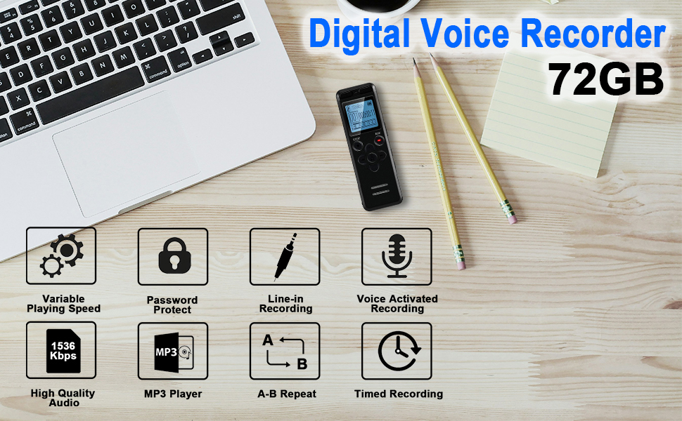 72GB Digital Voice Recorder, 5220 Hours Recording Capacity Sound Audio Recorder, Voice Activated ...