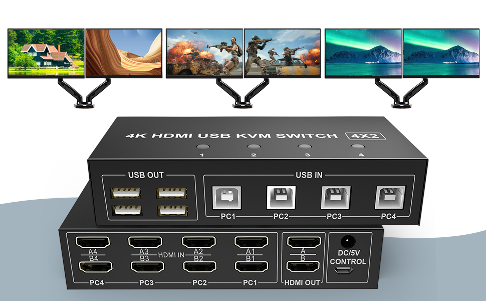 4 Port KVM Switch Dual Monitor HDMI 4K 60Hz, KVM Switch 2 Monitore 4 Computer mit 4 USB 2.0 Hub ...