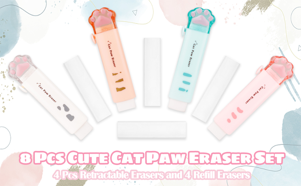 HMIEPRS 8 Pcs Cat Paw Erasers, 4 Pcs Cute Retractable Erasers and 4 ...