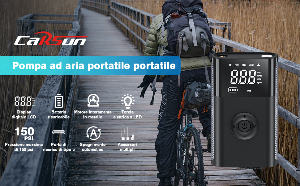 CARSUN Compressore Aria Portatile,150PSI Mini Compressore Portatile,Gonfiatore Elettrico ...