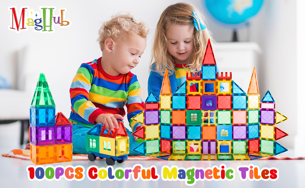 MagHub 100PCS Building Blocks Kids Magnetic Tiles, Clear 3D Magnets for Preschool Magnetic Toys ...