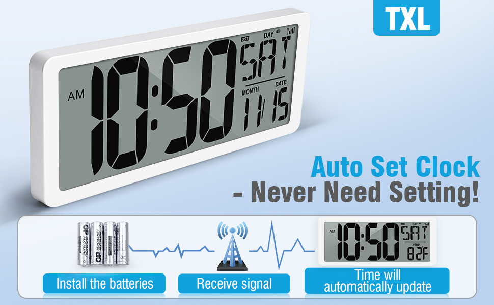 Amazon.com: TXL Reloj atómico con luz de fondo, reloj de pared digital de 14.2 pulgadas ...