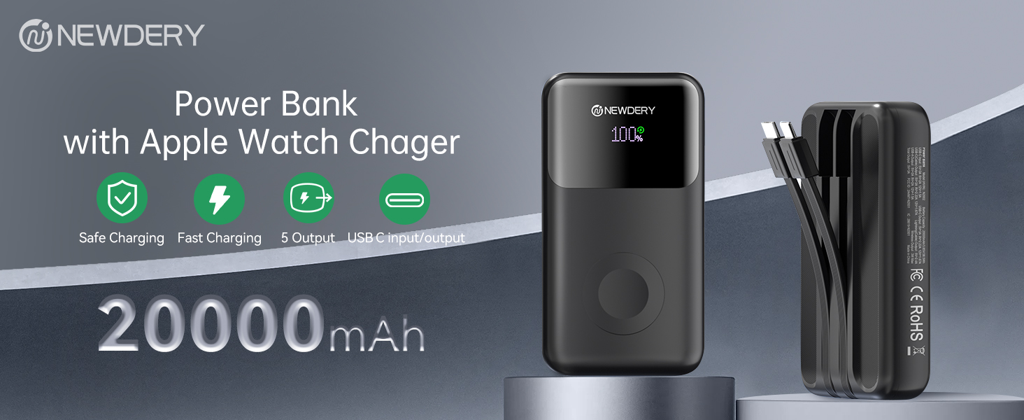 NEWDERY 20000 mAh Portable Power Bank for Apple Watch Charger Built-in Cables, PD 20W Fast ...