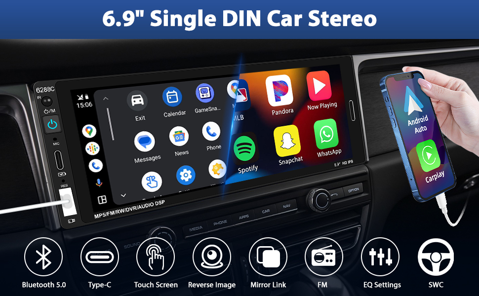 Inefala Autoradio 1 Din Carplay e Android Auto Radio con Schermo da 6,9 Pollici con Bluetooth ...