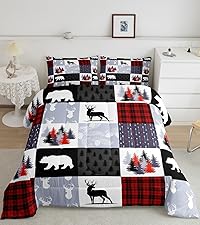 Amazon.com: Hunting Bear Deer Comforter Set,Christmas Buffalo Plaid Quilt Full Size Rustic Cabin ...