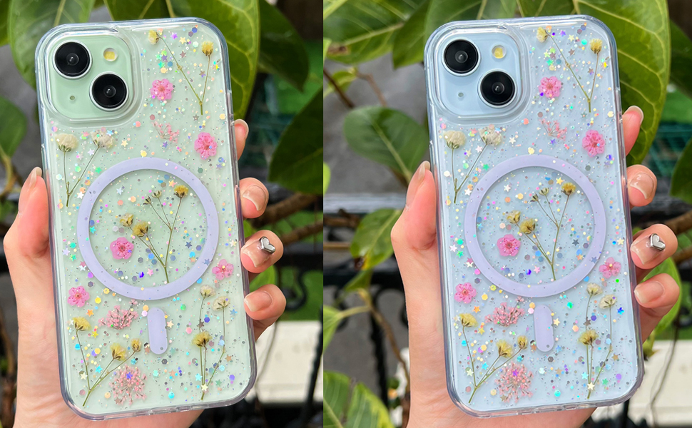 Amazon.com: ASONCE Real Flowers for iPhone 15 Case Cute,Clear Glitter Magnetic Phone Cover with ...