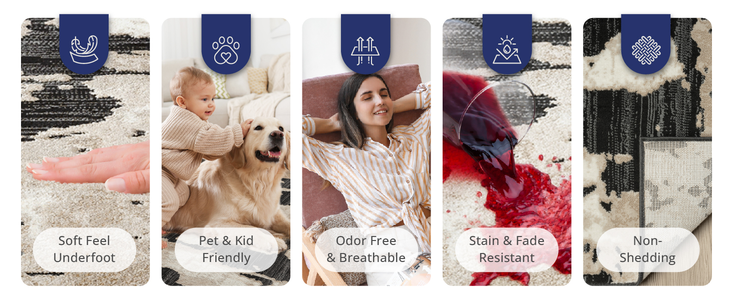 Amazon.com: Abani Terra Cream Area Rug for Living Room, Bedroom - Black Abstract Pattern - 8' x ...