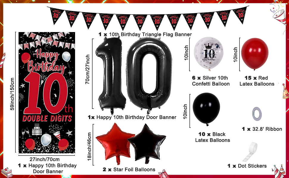 Amazon.com: 10th Birthday Decorations for Boys Girls, Red Black Double Digits Happy 10th ...