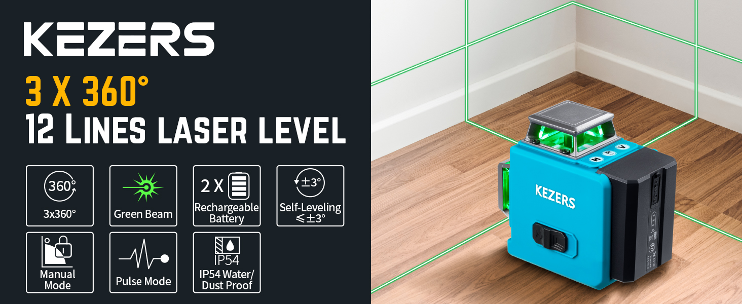 KEZERS Laser Level,12 Lines Green Laser Level Self Leveling 3 x 360°Cross Line Laser Level Tool ...