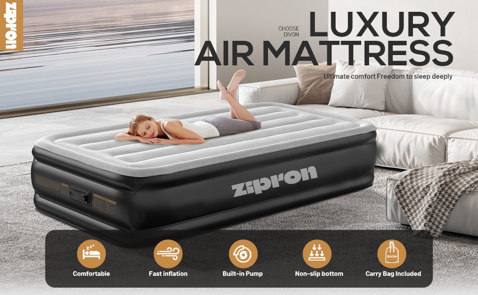 Zipron Premium Air Mattress | Single Inflatable Bed with Built-in Electric Pump – 3 Min Quick ...