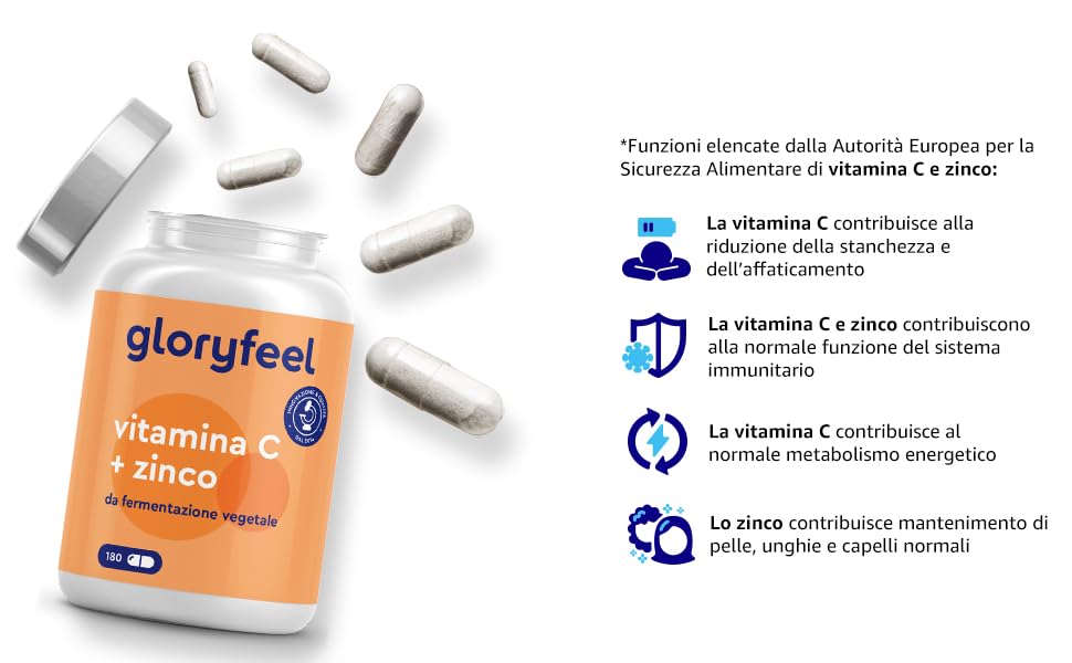 Vitamina C Pura 1000 mg + Zinco 20 mg, 180 Capsule, Per 6 mesi, Integratore Difese Immunitarie ...