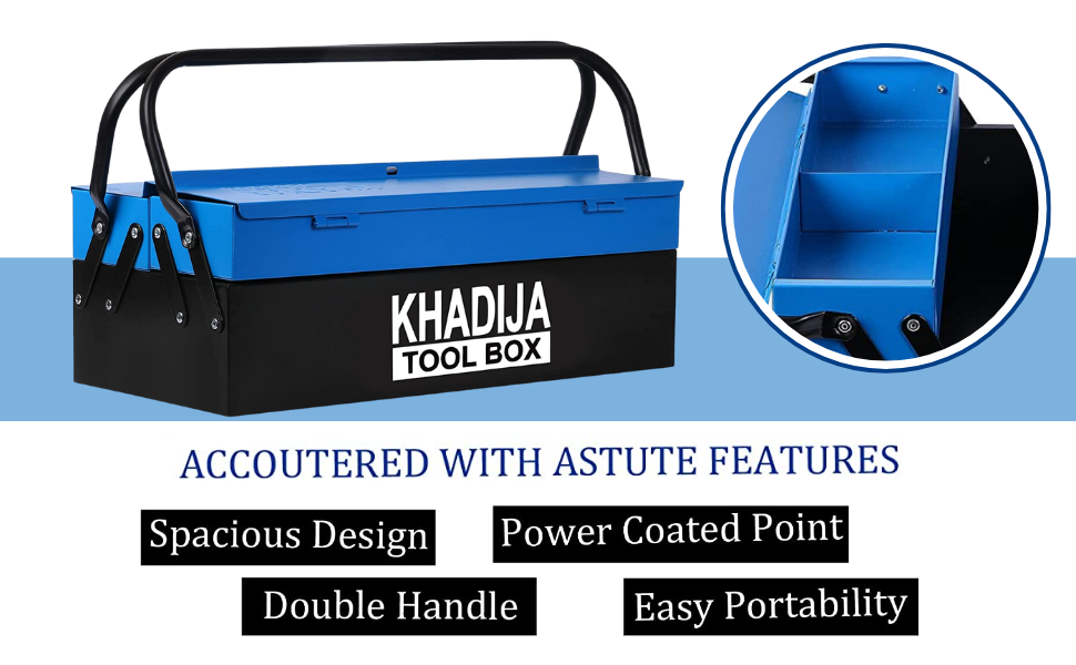 KHADIJA Metal 3 Compartment Double Handle Big Storage Professional Tool Box (BLUE BLACK ...