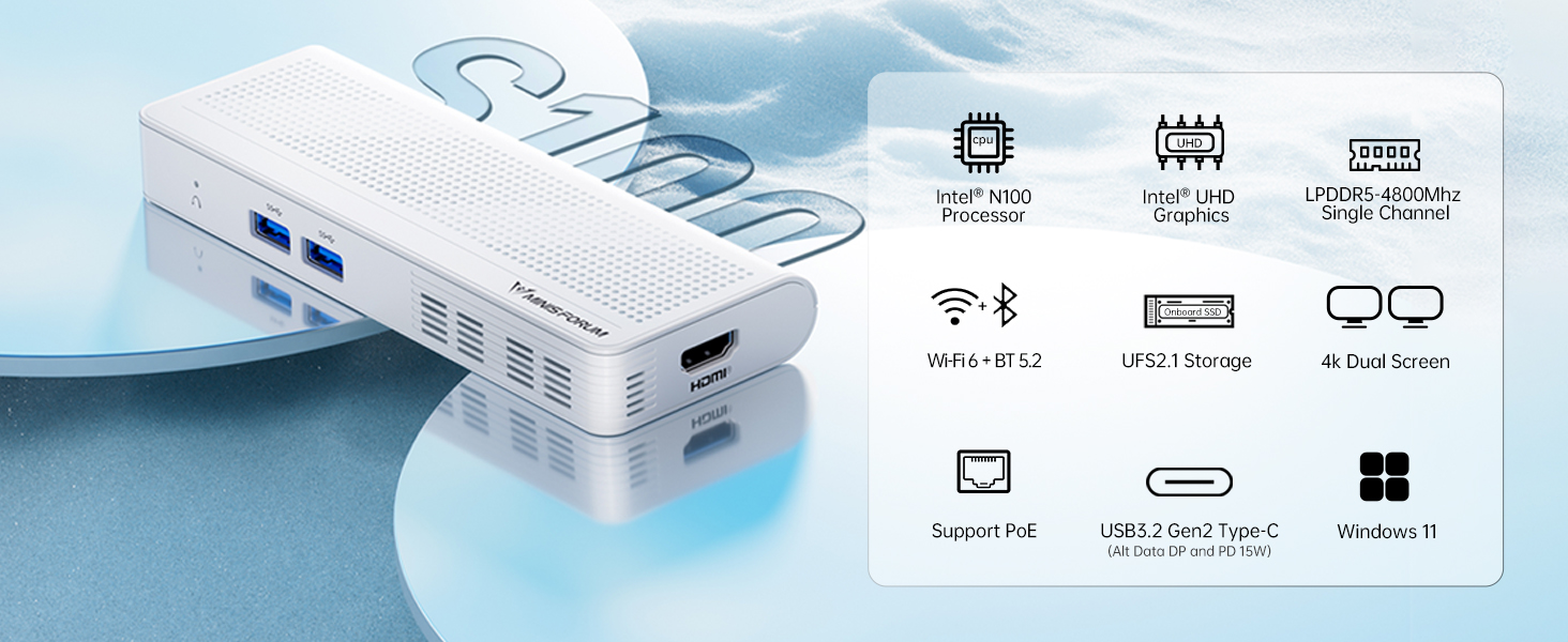 Amazon.com: MINISFORUM S100 Mini PC Stick 12th Gen Alder Lake N100(up to 3.4GHz) Micro PC ...