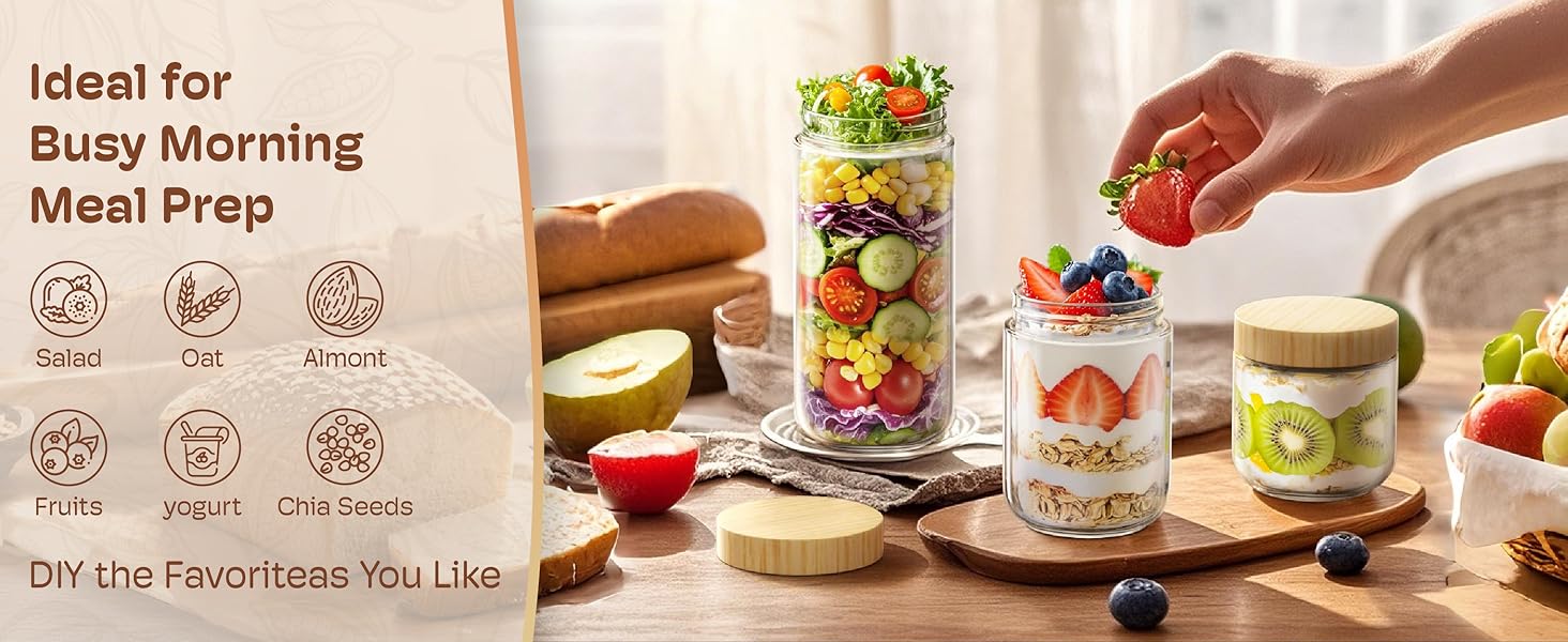 Amazon.com: 2 pack 10oz Overnight Oats Containers with Bamboo Lids, Glass Jars with Airtight ...