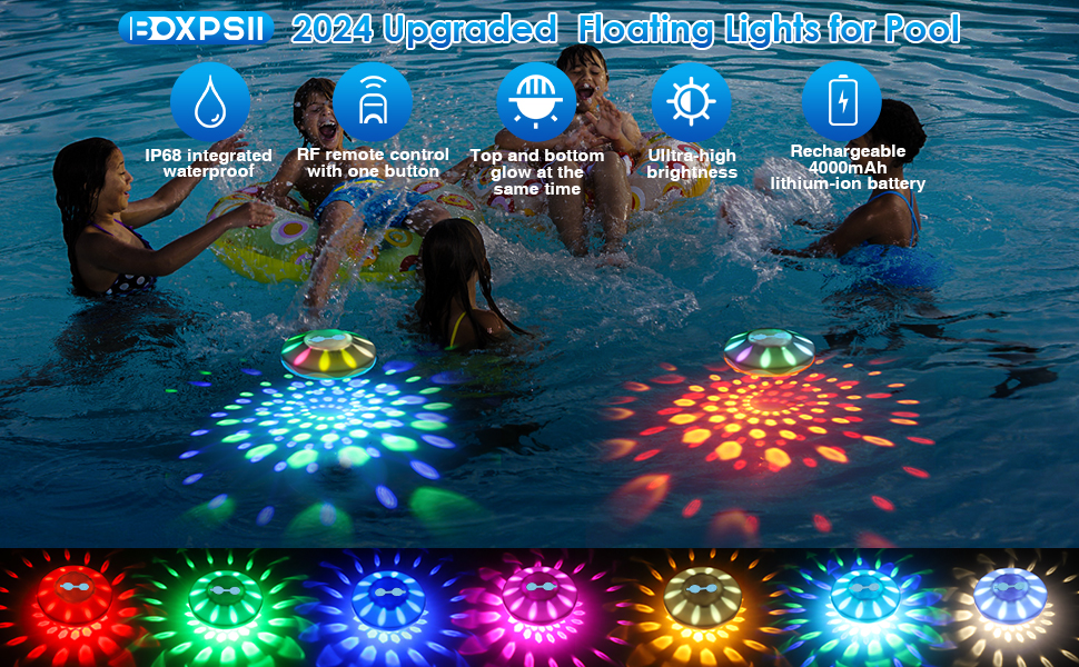 Amazon.com : BOXPSII Floating Pool Lights, Pool Lights IP68 Waterproof, Rechargeable RGB Upper ...