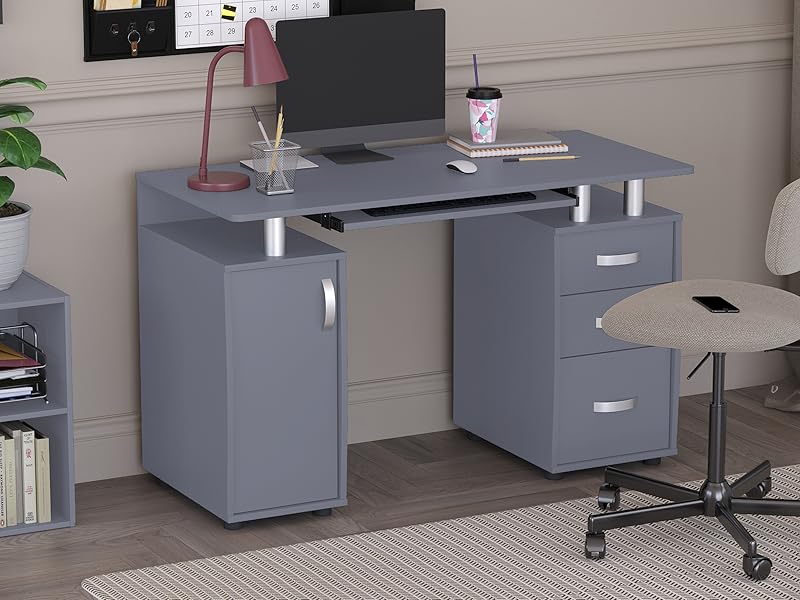 Vida Designs Otley Computer Desk with Shelves and 3 Drawers, Home ...