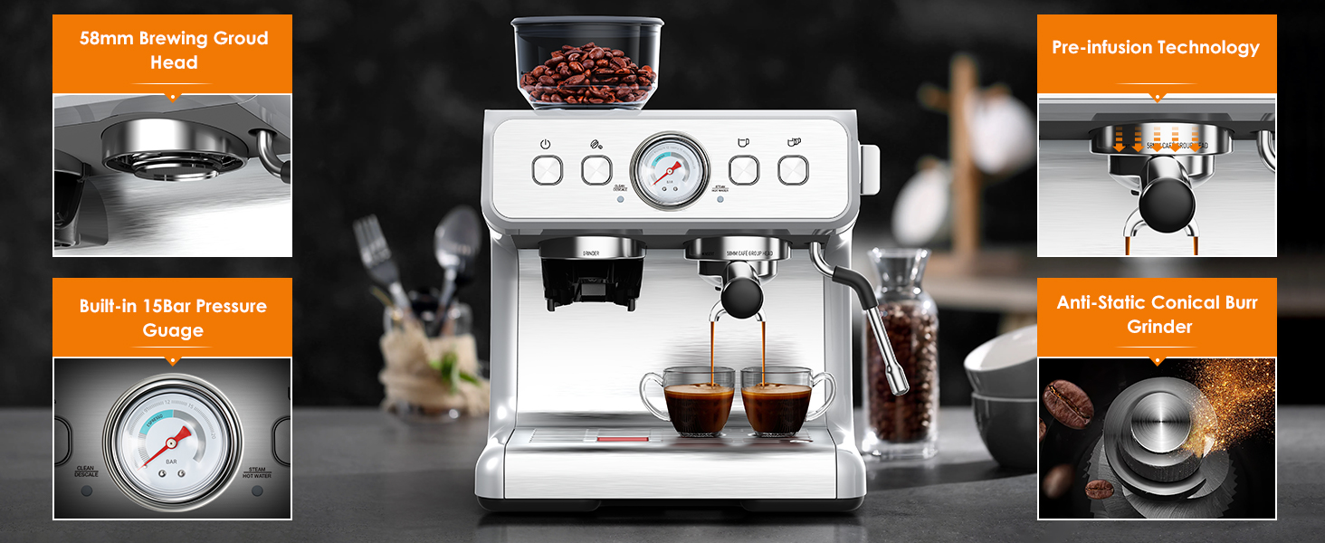 Amazon.com: Joy Pebble Espresso Machine,15 Bar Professional Espresso Maker with Barista Coffee ...