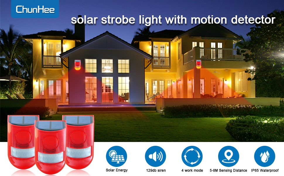 Solar Strobe Siren Light with Motion Detector 129db Solar Alarm Siren Light Outdoor with Motion ...
