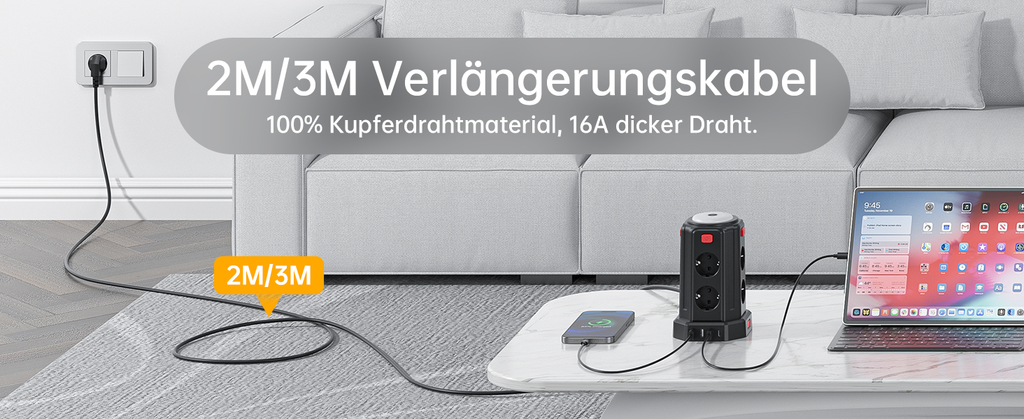 8 Fach Steckdosenleiste mit 4 USB und Licht, Mehrfachsteckdose Steckdosenleiste ...
