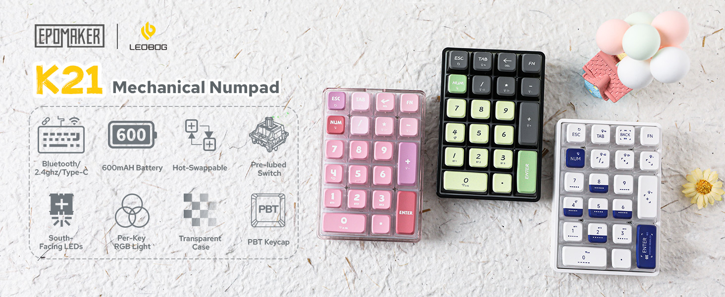 Amazon.com: EPOMAKER x LEOBOG K21 21-Keys Wireless Numeric Keypad, 3 Modes(Bluetooth5.0/2.4Ghz ...