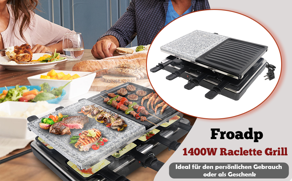 Amazon.de: Froadp Raclette Grill mit Naturgrillstein und Grillplatte Antihaftbeschichtung ...