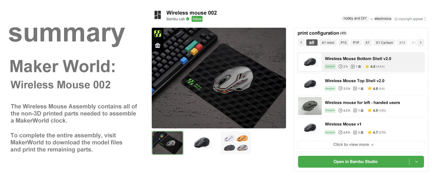 Bambu Lab Makerworld MH002 DIY Kreative Modelle: 3D gedruckte kabellose Maus Komponenten Kit 002 ...