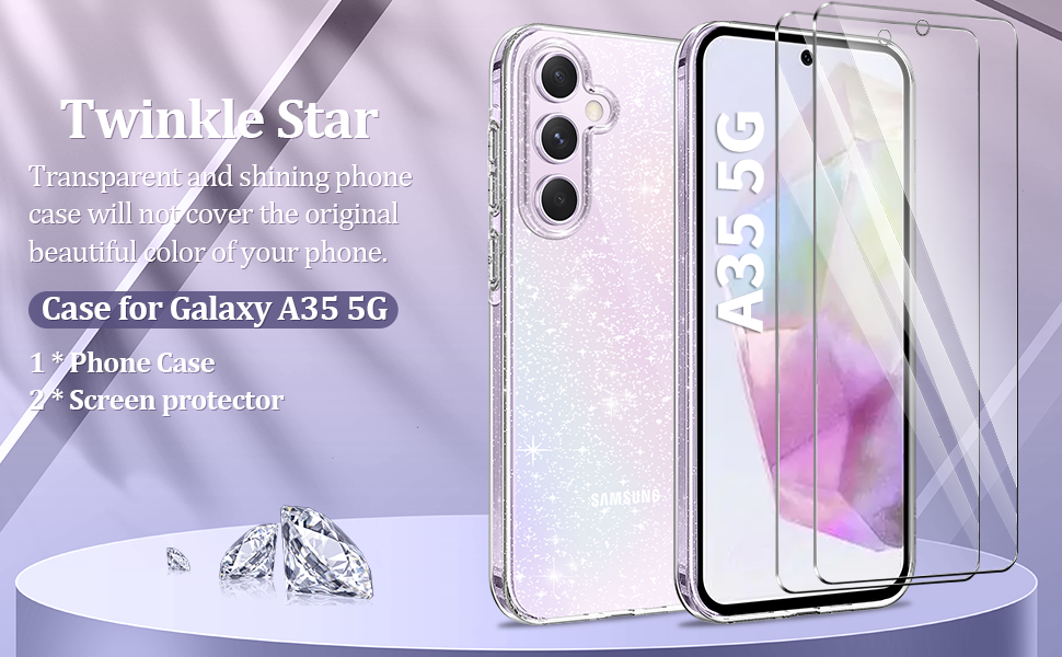 AROYI 3 in 1 Clear Glitter Case for Samsung Galaxy A35 5G Case with 2 Tempered Glass Screen ...