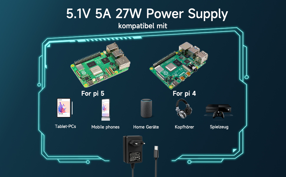 Miuzei 5,1V 5A Netzteil für Raspberry Pi 5 27W USB-C Typ C Power Supply :100-240V 50/60 Hz,PD ...