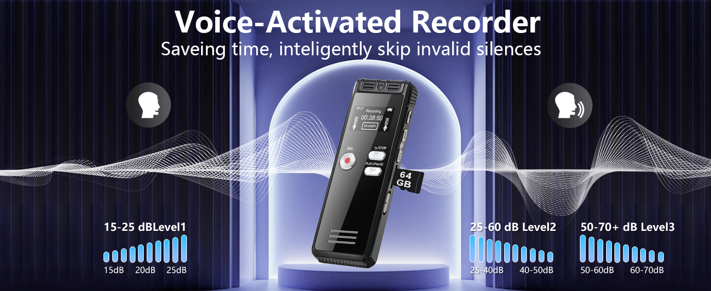 64GB Digital Voice Activated Recorder with Playback - 4552 Hours Audio ...
