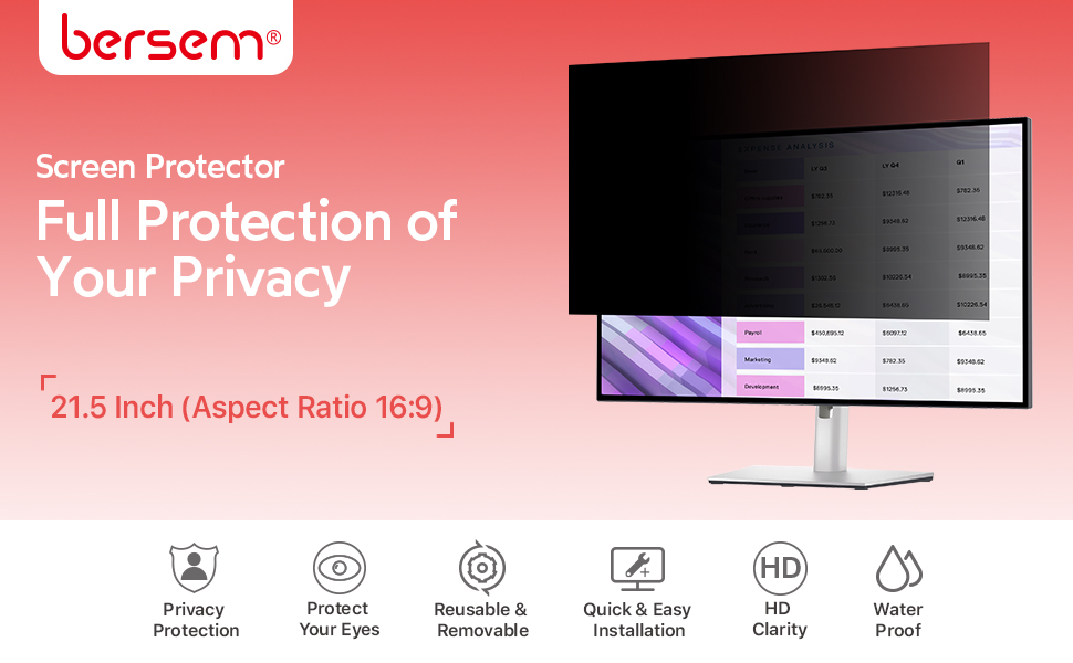 BERSEM 21.5 inch Removable Computer Privacy Screen Filter for 16:9 Ratio Monitor,[Anti-Spy ...