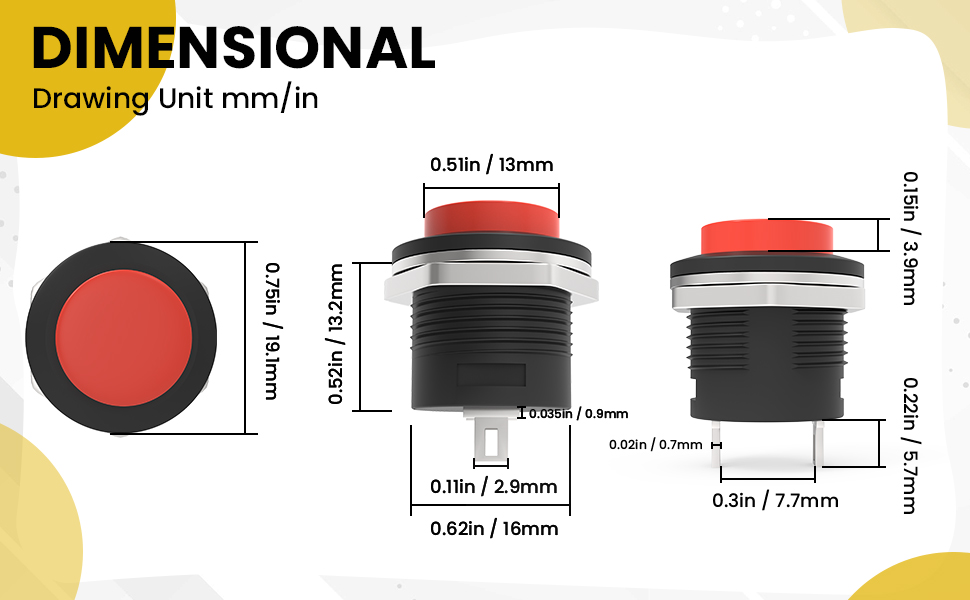 UBANU 30Pcs R13-507 Momentary Push Button, 2-Pin Self-Resetting Mini No Lock Round SPST NO ...