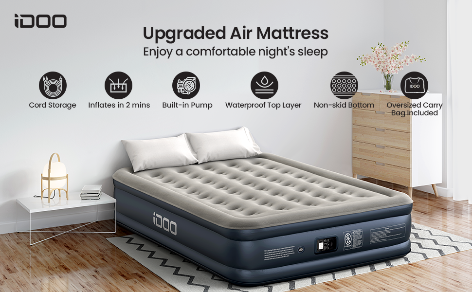 iDOO Queen Size Air Bed, Inflatable Bed with Built-in Pump, 3 Mins Quick Self-Inflation ...