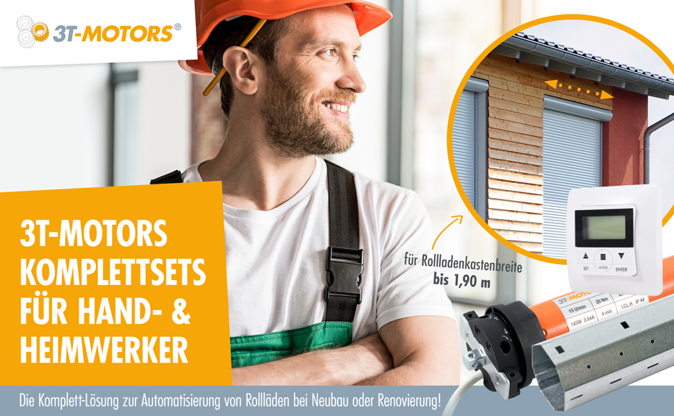 3T-MOTORS Rollladenmotor Komplettset mit Zeitschaltuhr, SW60 Welle 1,90 m, 3T45-20 (Zugkraft 20 ...