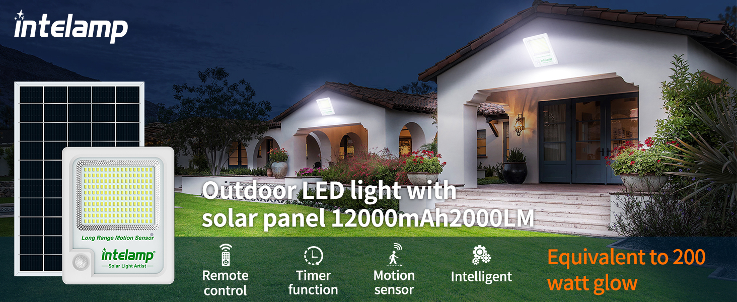 intelamp Solar Sensor Flood Light 12000mAh Outdoor Garden Security Motion Lights 3000LM Powered ...