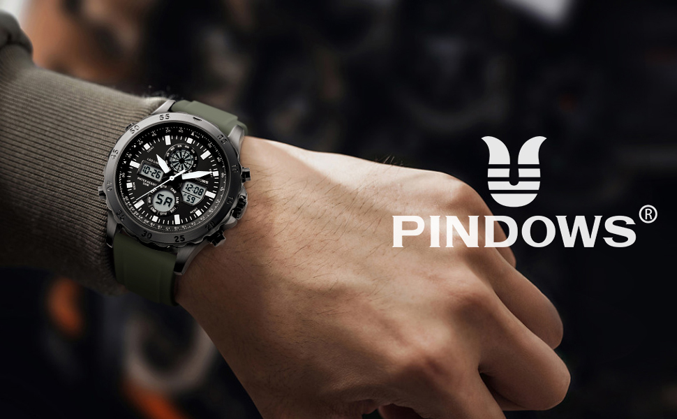 PINDOWS Watches for Men, Men Waterproof Analog Digital Sport Watches Multifunctional Heavy Duty ...