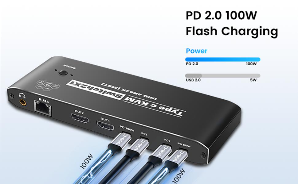 2x1 Type C KVM Switch, 8K Thunderbolt 4 USB C with Ethernet Port RJ45 100W PD Charge 4K 144Hz ...